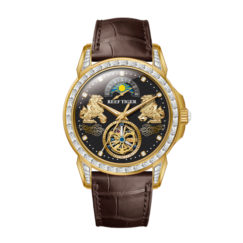 Reef Tiger Pixiu Multi Function Men Diamonds Leather Strap Automatic Watches RGA1935-PBSD - Reef ...
