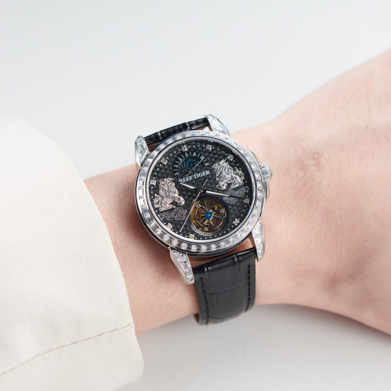 Reef Tiger Pixiu Multi Function Men Diamonds Leather Strap Automatic ...