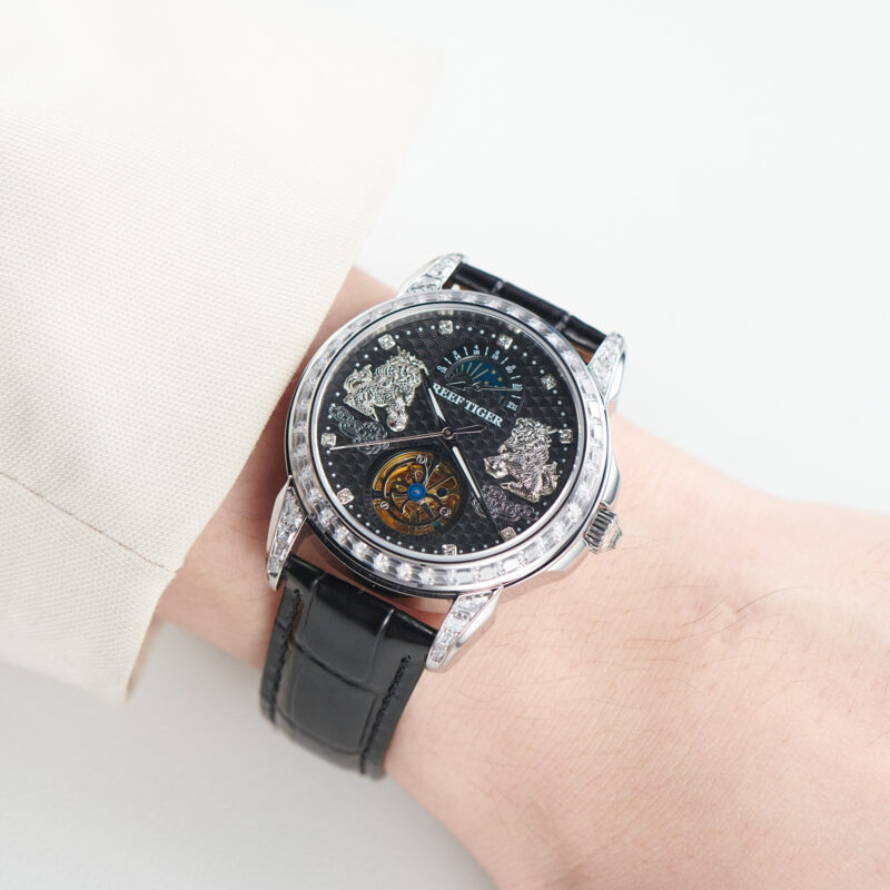 Reef Tiger Pixiu Multi Function Men Diamonds Leather Strap Automatic Watches RGA1935-YBBD - Reef ...