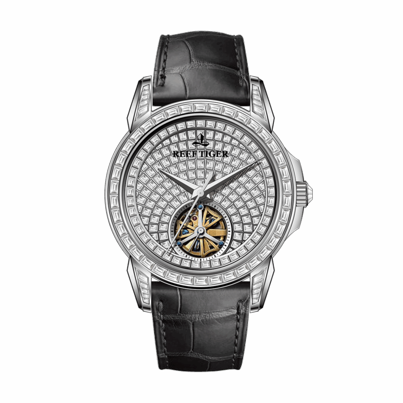 Black Strap, White Dial, Diamond Bezel, 41.5MM RGA1905 - Reef Tiger Watches